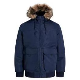 Jack & Jones Bomberjacke JACK & JONES "JJCONSTRUCT FAUX FUR BOMBER", Herren, Gr. S, blau (navy blazer), Web, Obermaterial: 100% Polyester, unifarben, normal, Rippb&uuml;ndchen, Jacken Bomberjacke, Kapuze mit abnehmbarem Kunstfell-Rand