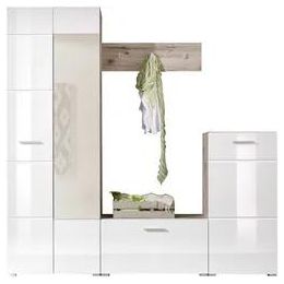 HBZ-MEBLE Kompaktgarderobe HBZ "SIXX Wei&szlig; Hochglanz, Flurgarderobe mit Spiegel, BxHxT 195x195x36 cm", wei&szlig; (sandeiche, wei&szlig; hochglanz tiefzieh), B:195cm H:195cm T:36cm, Holzwerkstoff, Schr&auml;nke, Mit Hochschrank mit Spiegel, Bank, Paneel und Kommode