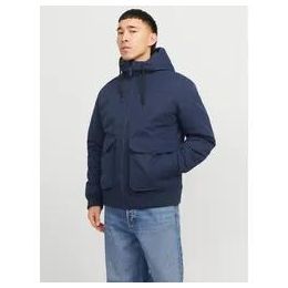 Jack & Jones Bomberjacke JACK & JONES "JJCONSTRUCT BOMBER mit gl&auml;nzender Oberfl&auml;che", Herren, Gr. XS, blau (navy blazer), Web, Obermaterial: 100% Polyester, unifarben, slim fit, Rippb&uuml;ndchen, Jacken Bomberjacke