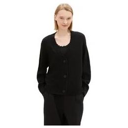 Cardigan Tom Tailor DENIM, Damen, Gr. S (36), schwarz (deep schwarz), Strick, Obermaterial: 50% Baumwolle, 50% Polyacryl, Strukturmuster, unifarben, regular fit taillenbedeckt, V-Ausschnitt, B&uuml;ndchen, Strickjacken, mit Strickstruktur und Knopfleiste