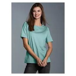 T-Shirt TRIGEMA "TRIGEMA T-Shirt DELUXE Baumwolle mit Kristallsteinen", Damen, Gr. M, blau (gletscher), Single Jersey, 100% Baumwolle, Basic, lang, Rundhals, Shirts T-Shirt