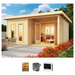 Saunahaus Konifera "Maiko 5 SET A", beige (natur), Bio-Ofen, externe Steuerung, 9 kW, Saunen, Ofen 9 kW Bio externe Strg easy