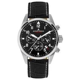 Chronograph Jacques Lemans "Barcelona", schwarz (schwarz, silberfarben), Armbanduhren, Herren, Chronograph, Quarzuhr, Armbanduhr, Herrenuhr, Datum, Stoppfunktion, Lederarmband