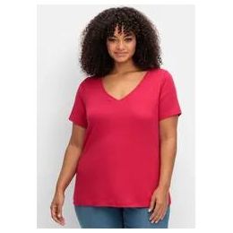 T-Shirt sheego "T-Shirt", Damen, Gr. 48/50, pink (sorbet pink), 100% Baumwolle, unifarben, V-Ausschnitt, Shirts T-Shirt