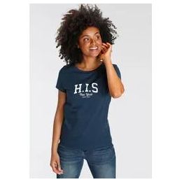 H.I.S. T-Shirt H.I.S, Damen, Gr. 44/46, blau (marine), Single Jersey, Obermaterial: 100% Baumwolle, bedruckt, figurumspielend, Shirts T-Shirt, bedruckt, f&uuml;r die Freizeit, aus Baumwolle