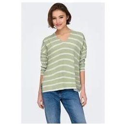 Strickpullover Only "ONLAMALIO LIFE LS V-NECK KNT", Damen, Gr. M, desert sage stripes:mel, cloud dancer, Strick, Obermaterial: 100% Polyester, gestreift, oversize, V-Ausschnitt, Pullover Strickpullover