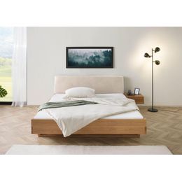Bett mit Nachttisch rechts Eiche 200x200x85 natur ge&ouml;lt, Kopfteil beige FICHTELBERG #132