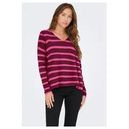 Strickpullover Only "ONLAMALIO LIFE LS V-NECK KNT", Damen, Gr. M, cabernet stripes:knockout pink, Strick, Obermaterial: 100% Polyester, gestreift, oversize, V-Ausschnitt, Pullover Strickpullover