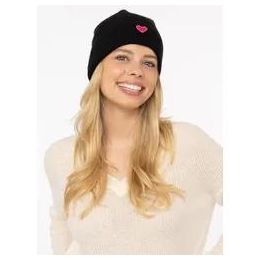 Beanie Zwillingsherz "Beanie with Heart-Patch", Damen, schwarz, Rippstrick, Wolle, unifarben, M&uuml;tzen Beanie, Rippstrick, mit breitem Umschlag, w&auml;rmend