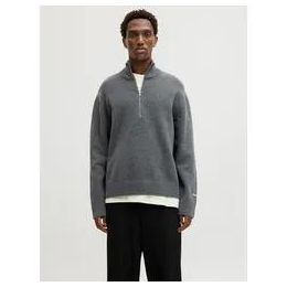 Jack & Jones Troyer JACK & JONES "JORNORREBRO KNIT HALF ZIP SN", Herren, Gr. XS, grau (dunkelgrau melange), Strick, Obermaterial: 55% Baumwolle, 22% Polyester, 21% Polyacryl, 2% Elasthan, meliert, relaxed fit h&uuml;ftlang, hoch geschlossener Ausschnitt, Strickb&uuml;ndchen, Pullover Troyer