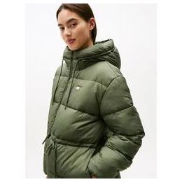Tommy Hilfiger Steppjacke TOMMY JEANS "TJW HOODED MIDI PUFFER JACKET", Damen, Gr. M (38), gr&uuml;n (pewter gr&uuml;n), Web, Obermaterial: 100% Nylon, unifarben, regular fit wadenlang, Jacken Steppjacke