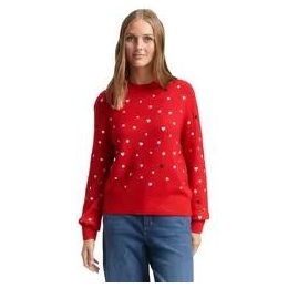 Strickpullover Tom Tailor DENIM, Damen, Gr. L, rot with hearts, Strick, Obermaterial: 79% Polyacryl, 18% Polyester, 3% Elasthan, bestickt, relaxed fit normal, Rundhals, Rippb&uuml;ndchen, Pullover Strickpullover, mit Stickereien