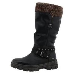 Winterstiefel Mustang SHOES "Tabitha", Damen, Gr. 36, Normalschaft, schwarz (schwarz, braun), Lederimitat, Textil, Schuhe Winterstiefel, Stiefel mit Zierriemchen und Blockabsatz