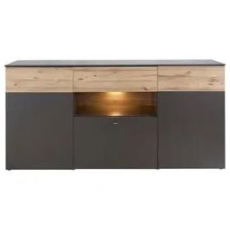 Sideboard FORTE "Como", grau (grau, eichefarben), B:194,8cm H:94,5cm T:41,3cm, Spanplatte, Sideboards, Sideboard, Kommode, Stauraumschrank, LED Beleuchtung, Soft Close, Stauraum