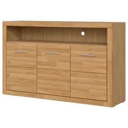 Sideboard OTTO HOME "Ribe,130cm breit, Fronten Massivholz,7 F&auml;cher", braun (eiche teilmassiv), B:130cm H:80cm T:35cm, Holz teilmassiv, Sideboards, Sideboard, Holz massiv, Holzwerkstoff, Metall Griffe,3 T&uuml;ren