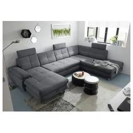 Wohnlandschaft ED EXCITING DESIGN "Alba U-Form", grau (anthrazit), B:349cm H:88cm T:233cm, 100% Polyester, Sofas, Wohnlandschaft, mit Bettfunktion, Bettkasten, Armteilverstellung & Kopfst&uuml;tzen