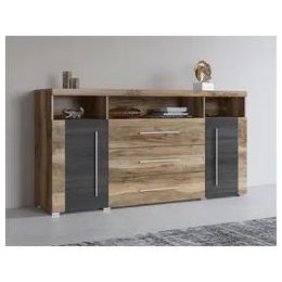 Sideboard OTTO HOME "Roger,Breite 182cm, stilvolle Schrank, 2 Holzt&uuml;ren 3 Schubladen", braun (satin nussbaumfarben, schwarzwood), B:182cm H:92cm T:38,5cm, FSC-zertifizierter Holzwerkstoff, Sideboards, Sideboard, Kommode mit viel Stauraum, Einlegeb&ouml;den verstellbar