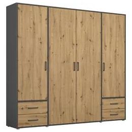 Dreht&uuml;renschrank Rauch "Kleiderschrank Schrank Garderobe W&auml;scheschrank VOYAGER", grau (graumetallic, eiche artisan, griffe graumetallic), B:187cm H:194cm T:53cm, Holzwerkstoff, Schr&auml;nke, Dreht&uuml;renschrank, mit 2 modernen Griffvarianten, mit Au&szlig;enschubladen MADE IN GERMANY