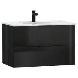 Waschtisch Welltime "Athen Badschrank Badezimmer WC Unterschrank mit Becken", schwarz (schwarz, schwarz hochglanz), B:80cm H:50cm T:46cm, Waschtische, Waschtisch, Waschplatz mit 2 Schubladen, Breite 80cm Softclose Bad
