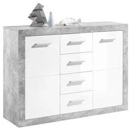 HBZ-MEBLE Kommode HBZ "Stone 2 wei&szlig; Glanz, BxHxT 117x88x37 cm", wei&szlig; (wei&szlig;, beton), B:117cm H:88cm T:37cm, Holzwerkstoff, Sideboards, Kommode, Kommode mit 2 T&uuml;ren, 4 Schubk&auml;sten, 2 Einlegeb&ouml;den