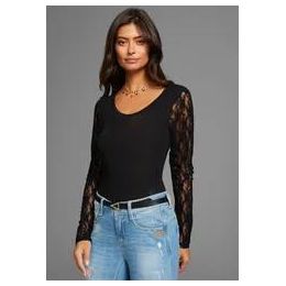 Langarmbody Laura Scott, Damen, Gr. 44, N-Gr, schwarz, Jersey, Obermaterial: 95% Viskose, 5% Elasthan. Spitze: 95% Polyester, 5% Elasthan, gebl&uuml;mt, unifarben, sehr figurbetont, Rundhals, abgesteppte Kante, Bodys, mit edlen Spitzen&auml;rmeln