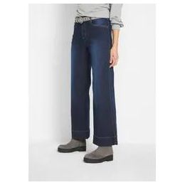 Weite Jeans bonprix "Wide Leg Jeans Mid Waist, Stretch", Damen, Gr. 48, K-Gr, blau (dunkelblau denim used (l&auml;nge: kurz)), Denim/Jeans, Obermaterial: 82% Baumwolle, 17% Polyester, 1% Elasthan, unifarben, loose fit lang, Jeans, Loose Fit Passform, mit Five-Pocket Style, leicht ausgestelltes Bein