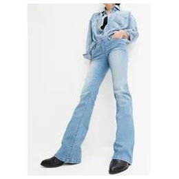Bootcut-Jeans bonprix "Bootcut-Jeans Mid Waist, Stretch", Damen, Gr. 36, N-Gr, blau (hellblau denim), Obermaterial: 82% Baumwolle, 17% Polyester, 1% Elasthan, slim fit, Jeans, Slim Fit Passform, Mid Waist Schnitt, mit Stretch-Anteil