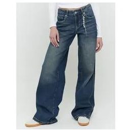 Low-rise-Jeans Tally Weijl "SPADEPALLAS", Damen, Gr. 38, N-Gr, midschwarz indigowash dirtybeige, Denim/Jeans, Obermaterial: 69% Baumwolle, 30% Lyocell, 1% Elasthan, Abriebeffekte, straight fit lang, Jeans, Baumwollmischung, Low-Waist mit geradem Beinverlauf und Strass-Anh&auml;nge