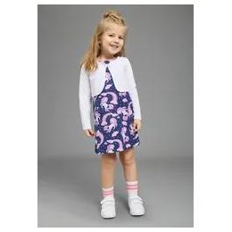 Bolero, Kleid & Leggings Kidsworld "2 tlg Set Kleid+Bolero Einhorn", M&auml;dchen, Gr. 104/110, blau gemustert, Single Jersey, Obermaterial: 95% Baumwolle, 5% Elasthan. Jacke: 100% Baumwolle, bedruckt, KOB Set-Artikel, bedrucktes Design, aus Baumwollmischung, Single Jersey Material