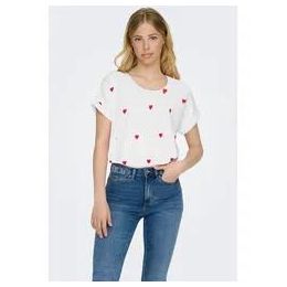 Kurzarmshirt Only "ONLMOSTER S/S AOP TOP CS JRS", Damen, Gr. XS, cloud dancer aop:salsa hearts, Single Jersey, Obermaterial: 75% Viskose, 20% Polyester, 5% Elasthan, bedruckt, l&auml;ssig geschnitten normal, Rundhals, Shirts, Viskosemischung, regular fit, Rundhals