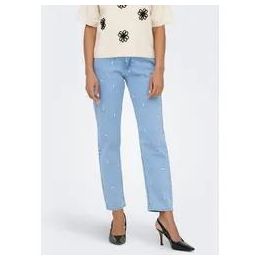 Straight-Jeans Only "ONLEMILY HW STRETCH EMB STRA ANK DNM AZG", Damen, Gr. 29, L&auml;nge 32, light blau denim detail:flower emb, Denim/Jeans, Obermaterial: 99% Baumwolle, 1% Elasthan, Destroyed-Effekte, straight fit lang, Jeans Straight-Jeans, Baumwollmischung, straight fit