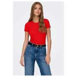 Rundhalsshirt Only "ONLEMMA S/S SHORT TOP NOOS JRS", Damen, Gr. M, flame scarlet, Jersey, Obermaterial: 65% Polyester, 30% Viskose, 5% Elasthan, unifarben, regular fit kurz, Rundhals, gewellter Abschluss, Shirts Rundhalsshirt, Rundhals, modisch, regular fit, gewellter Abschluss, unifarben