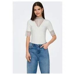Spitzenshirt Only "ONLTILDE HIGHNECK S/S TOP JRS NOOS", Damen, Gr. M, cloud dancer, Jersey, Obermaterial: 95% Viskose, 5% Elasthan, unifarben, slim fit normal, hoch geschlossener Ausschnitt, Shirts