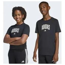 T-Shirt Adidas SPORTSWEAR "COLLEGIATE GRAPHIC KIDS", Jungen, Gr. 128, schwarz, sanftes wei&szlig;, Obermaterial: 100% Baumwolle, Shirts T-Shirt, f&uuml;r Kinder, mit grafischem Design, aus Baumwolle