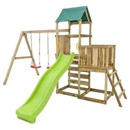 Spielturm FUNGOO "MaxPlay 3.1", gr&uuml;n, Spielt&uuml;rme, KinderB:356cm H:262cm T:395cm, FSC-zertifizierter Massivholz, Metall, Polyethylen, mit Rutsche, Doppeldecker, Doppelschaukel und Kletterwand, B:356cm H:262cm T:395cm