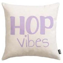 Dekokissen done. "HOB VIBES", beige, lavender, schriftzug bedruckt, B:45cm L:45cm, Polyester, Dekokissen_Sitzkissen_Kissenh&uuml;llen, Weicher Chenille-Stoff Kuschelige Beflockung