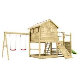 Spielturm Fungoo "ALOHA", gr&uuml;n, Spielt&uuml;rme, KinderB:820cm H:314cm T:370cm, FSC-zertifizierter Massivholz, Metall, Polyethylen, mit Spielhaus und Terrasse, Doppelschaukel, B:820cm H:314cm T:370cm
