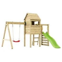 Spielturm Fungoo "LUOMI", gr&uuml;n, Spielt&uuml;rme, KinderB:285cm H:222cm T:286cm, FSC-zertifizierter Massivholz, Metall, Polyethylen, mit Haus, Kletterwand, Rutsche und Schaukel fur Kinder, B:285cm H:222cm T:286cm
