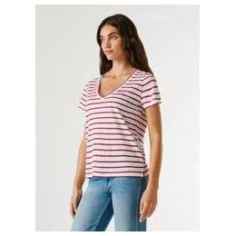 T-Shirt Pepe Jeans "MEGAN V-NECK STRIPED", Damen, Gr. S, antique wei&szlig;, Leinenmischung, Obermaterial: 50% Baumwolle, 50% Leinen, gestreift, gerade h&uuml;ftlang, V-Ausschnitt, Shirts T-Shirt, aus Leinenmischung mit Glitzergarn