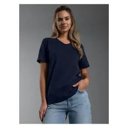 T-Shirt TRIGEMA "TRIGEMA T Shirt aus Biobaumwolle mit V-Ausschnitt", Damen, Gr. M, navy, Single Jersey, 100% Baumwolle (Bio-Baumwolle kbA), Basic, lang, V-Ausschnitt, Shirts T-Shirt