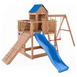 Spielturm Fungoo "Treehouse", blau, Spielt&uuml;rme, KinderB:443cm H:272cm T:501cm, FSC-zertifizierter Massivholz, Metall, Polyethylen, mit Spielhaus, Rutsche, Doppelschaukel, Kletterwand, B:443cm H:272cm T:501cm