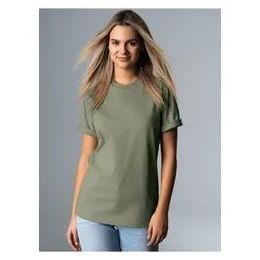 T-Shirt TRIGEMA "TRIGEMA T-Shirt DELUXE Baumwolle", Damen, Gr. S, salbei, Single Jersey, 100% Baumwolle, Basic, lang, Rundhals, Shirts T-Shirt