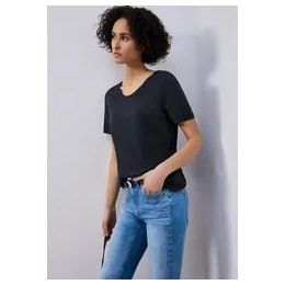 T-Shirt Street One "Style Gerda", Damen, Gr. 40, shadowed navy, Jersey, Obermaterial: 50% Baumwolle, 50% Modal, unifarben, regular fit normal, V-Ausschnitt, Shirts T-Shirt, mit femininem V-Ausschnitt