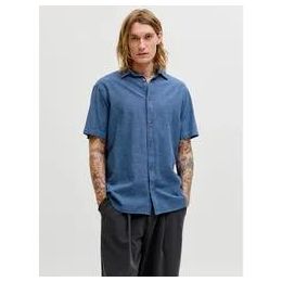 Jack & Jones Kurzarmhemd JACK & JONES "JJESUMMER LINEN BLEND SHIRT S/S SN", Herren, Gr. M, N-Gr, navy blazer, Web, Obermaterial: 70% Baumwolle, 30% Leinen, unifarben, normal normal, Hemden, Baumwolle mit Leinen, regular fit