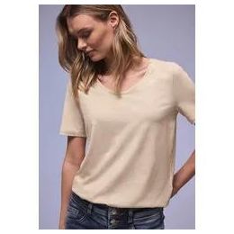 T-Shirt Street One "Style Gerda", Damen, Gr. 36, cotton beige, Jersey, Obermaterial: 50% Baumwolle, 50% Modal, unifarben, regular fit normal, V-Ausschnitt, Shirts T-Shirt, mit femininem V-Ausschnitt