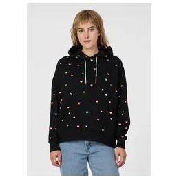 Kapuzensweatshirt Ragwear "PIRITA HEARTS", Damen, Gr. M, schwarz, Sweatware, Obermaterial: 70% Baumwolle, 30% Polyester, bedruckt, normal, Rundhals, Sweatshirts, mit seitlichen Eingrifftaschen und bunter allover Herzchenstickerei