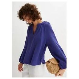 Shirtbluse bonprix "Oversize-Bluse aus Musselin", Damen, Gr. 44, lila (blauviolett), Web, Obermaterial: 100% Baumwolle, unifarben, oversize normal, V-Ausschnitt, elastischer Bund, Blusen, Oversize-Passform, mit V-Ausschnitt, aus Baumwolle, 3/4-&Auml;rmeln