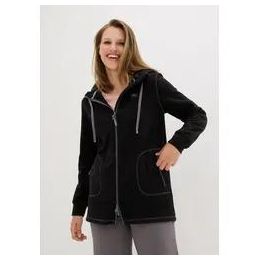 Fleecejacke bonprix, Damen, Gr. 44/46 (L), schwarz, Fleece, Obermaterial: 100% Polyester, kontrastfarbene Details, unifarben, regular fit Po-bedeckend, Rippb&uuml;ndchen, Jacken Fleecejacke, A-Linien-Schnitt, Langarm-Design, aus 100% Polyester, Regular Fit