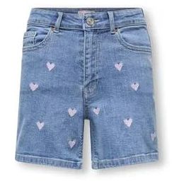 Jeansshorts KIDS Only "KOGJUICY HEART EMB SHORTS DNM", M&auml;dchen, Gr. 128, N-Gr, light medium blau denim aop:pink heart embroidery, Denim/Jeans, Obermaterial: 98% Baumwolle, 2% Elasthan, bestickt, Basic ca. Mitte Oberschenkel, Jeans Jeansshorts, mit Allover-Stickerei