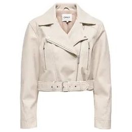 Lederimitatjacke Only "ONLPAULINE FAUX LEATHER JACKET CC OTW", Damen, Gr. S, pumice stone, Web, Obermaterial: 100% Polyester, unifarben, kurz, V-Ausschnitt, Jacken, mit Biker-Style Details